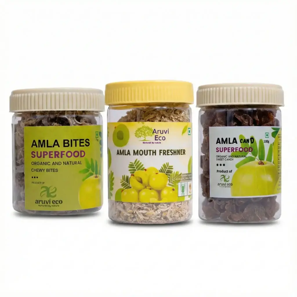 Amla Combo (Candy 130g + Bites 75g + Shreds 60g) | Aruvi Eco Organics
